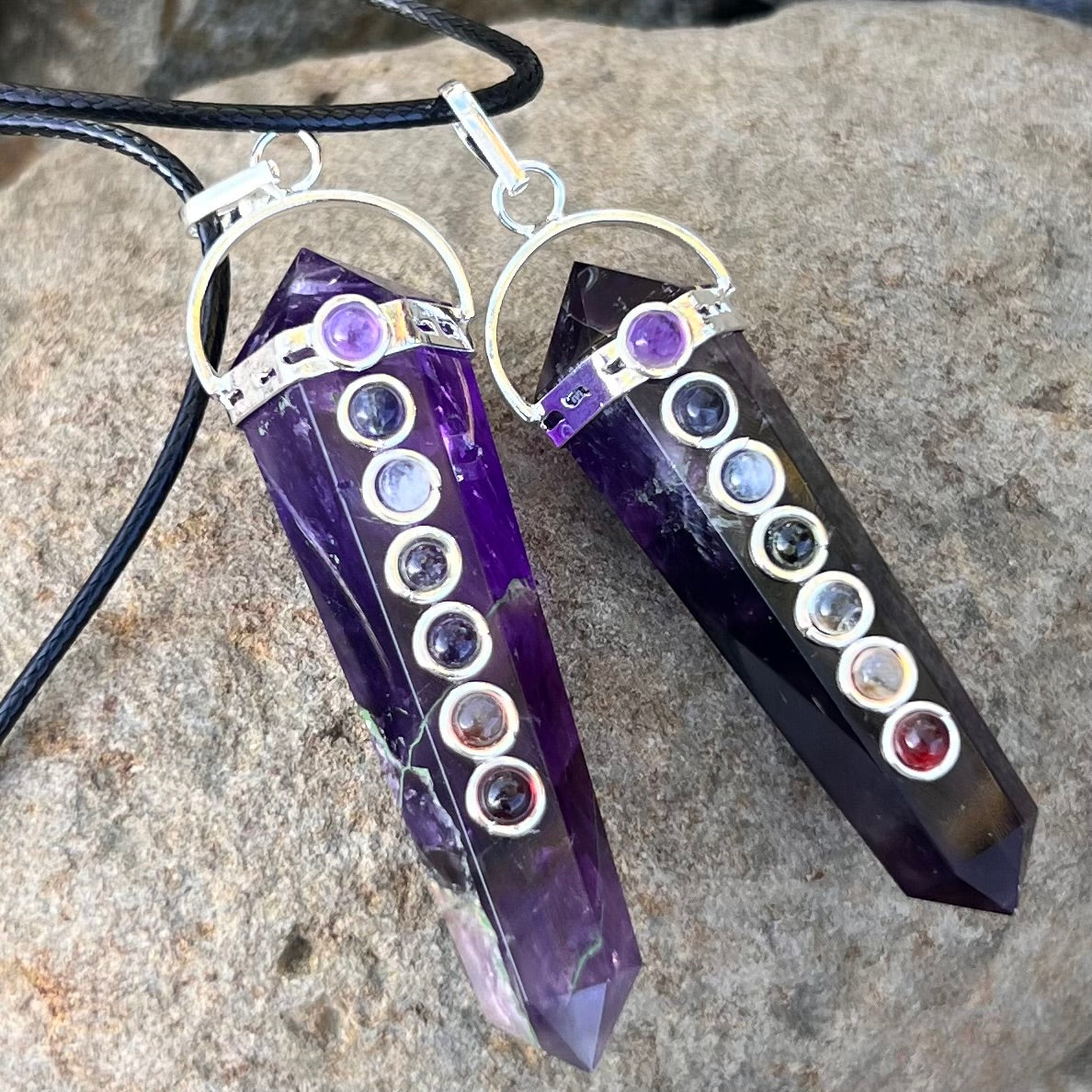 Amethyst & Chakra Long Pencil Double Pointed Crystal Necklace – Muse Crystals & Mystical Gifts