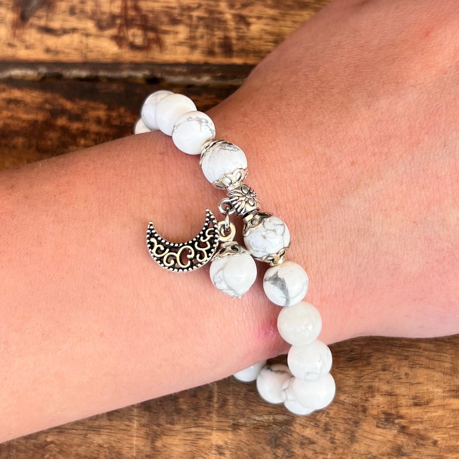 White Howlite Calming Bracelet with Celestial Crescent Moon Charm ...